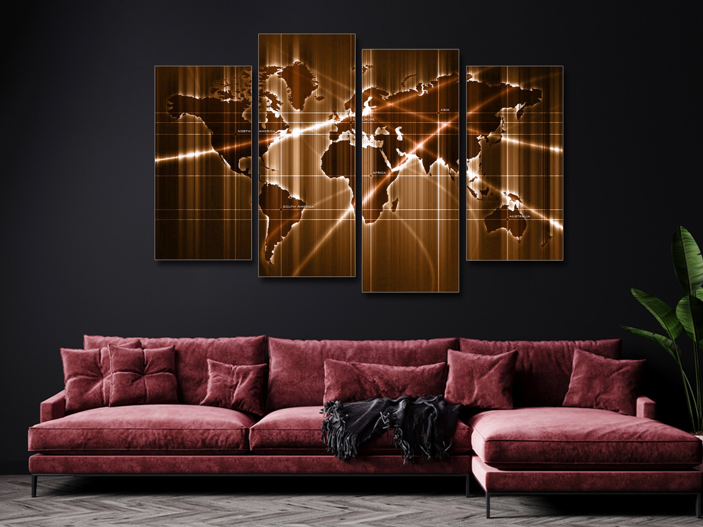 Digital World Map 4 Pieces Canvas Wall Art, Large Framed 4 Piece Canvas ...