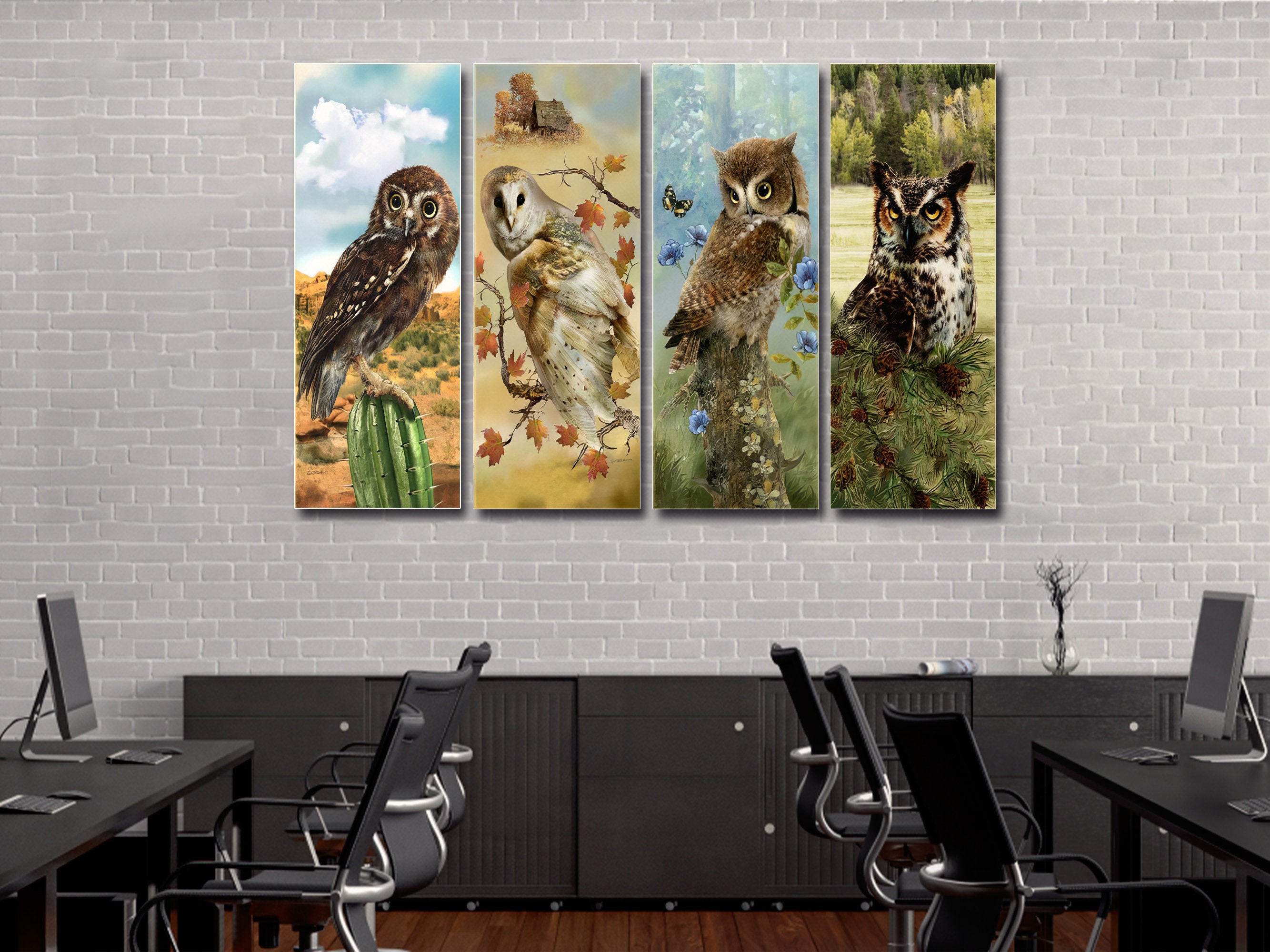 Four Seasons Owls 4 Piece Canvas Wall Art, Large Framed 4 Piece Canvas ...