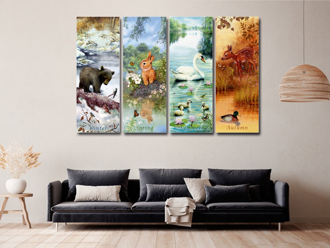 Four Seasons Animals 4 Piece Canvas Wall Art, Large Framed 4 Piece ...