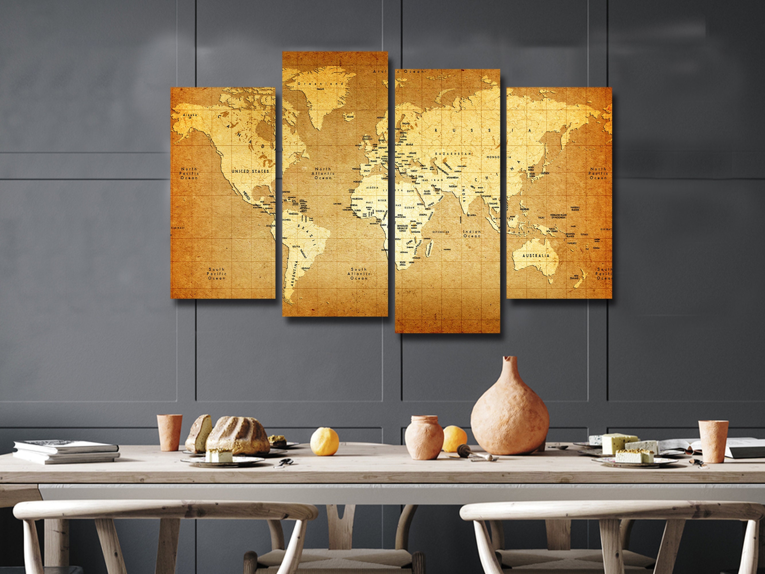 Old World Map, Vintage World Map 4 Pieces Canvas Wall Art, Large Framed ...