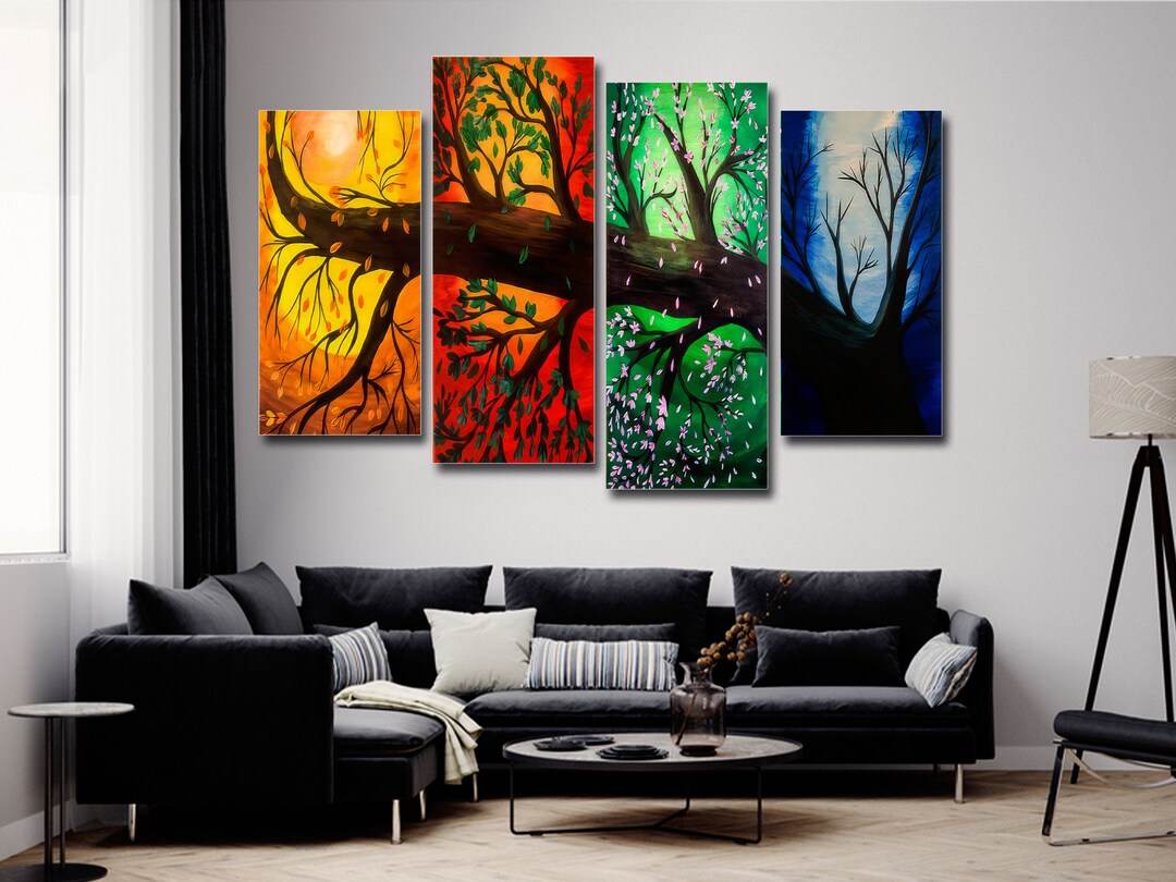 Four Seasons Tree 4 Piece Canvas Wall Art, Large Framed 4 Piece Canvas ...