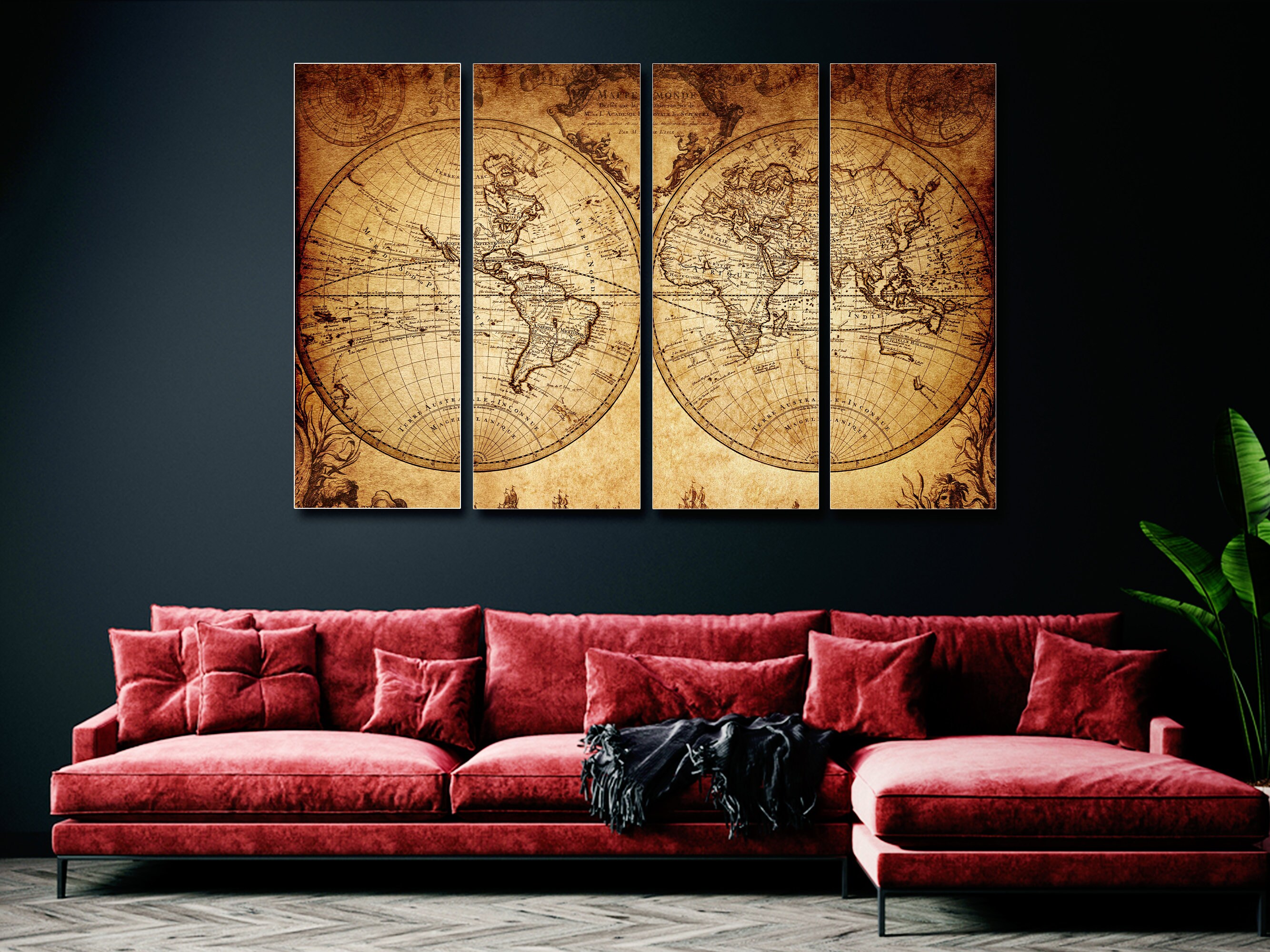 Vintage World Map, Retro Map 4 Pieces Canvas Wall Art, Large Framed 4 ...