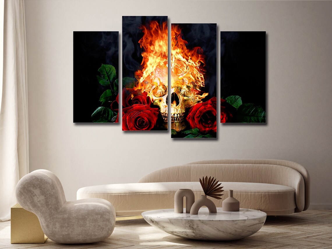 Rose Skull on Fire Abstract 4 Piece Canvas Wall Art, Large Framed 4 ...