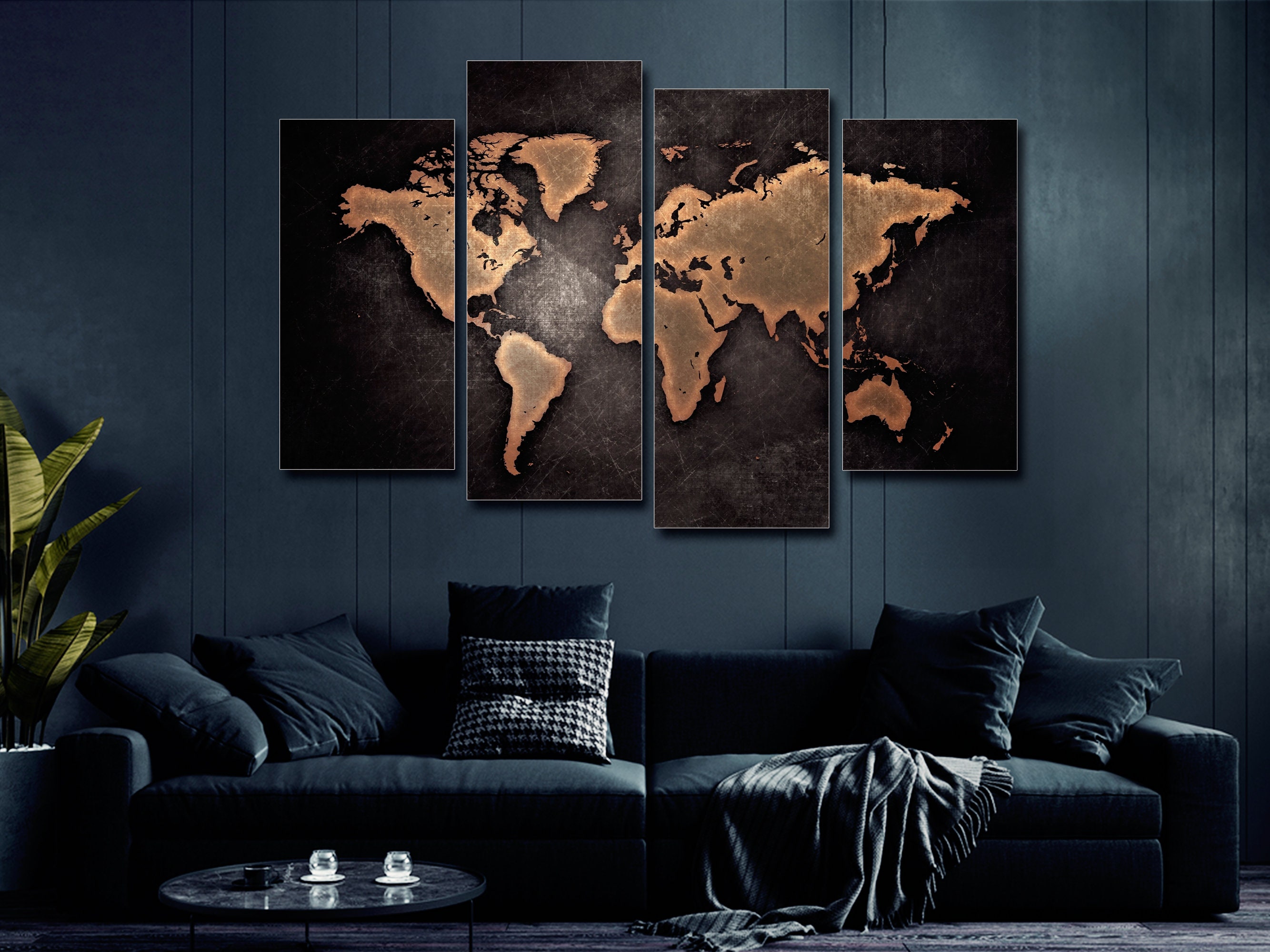Rustic World Map Abstract 4 Piece Canvas Wall Art, Large Framed 4 Piece ...