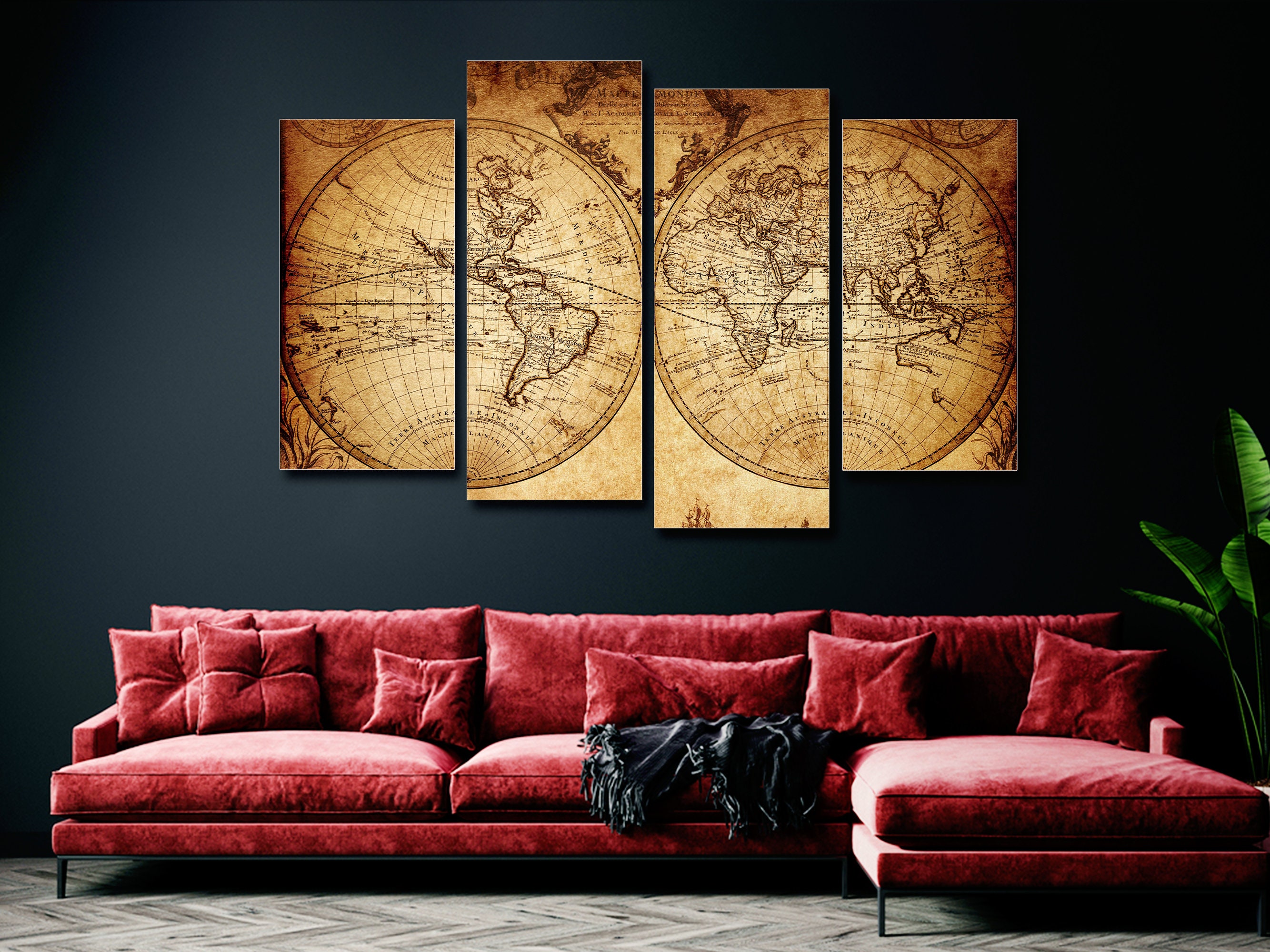 Vintage World Map, Retro Map 4 Pieces Canvas Wall Art, Large Framed 4 ...