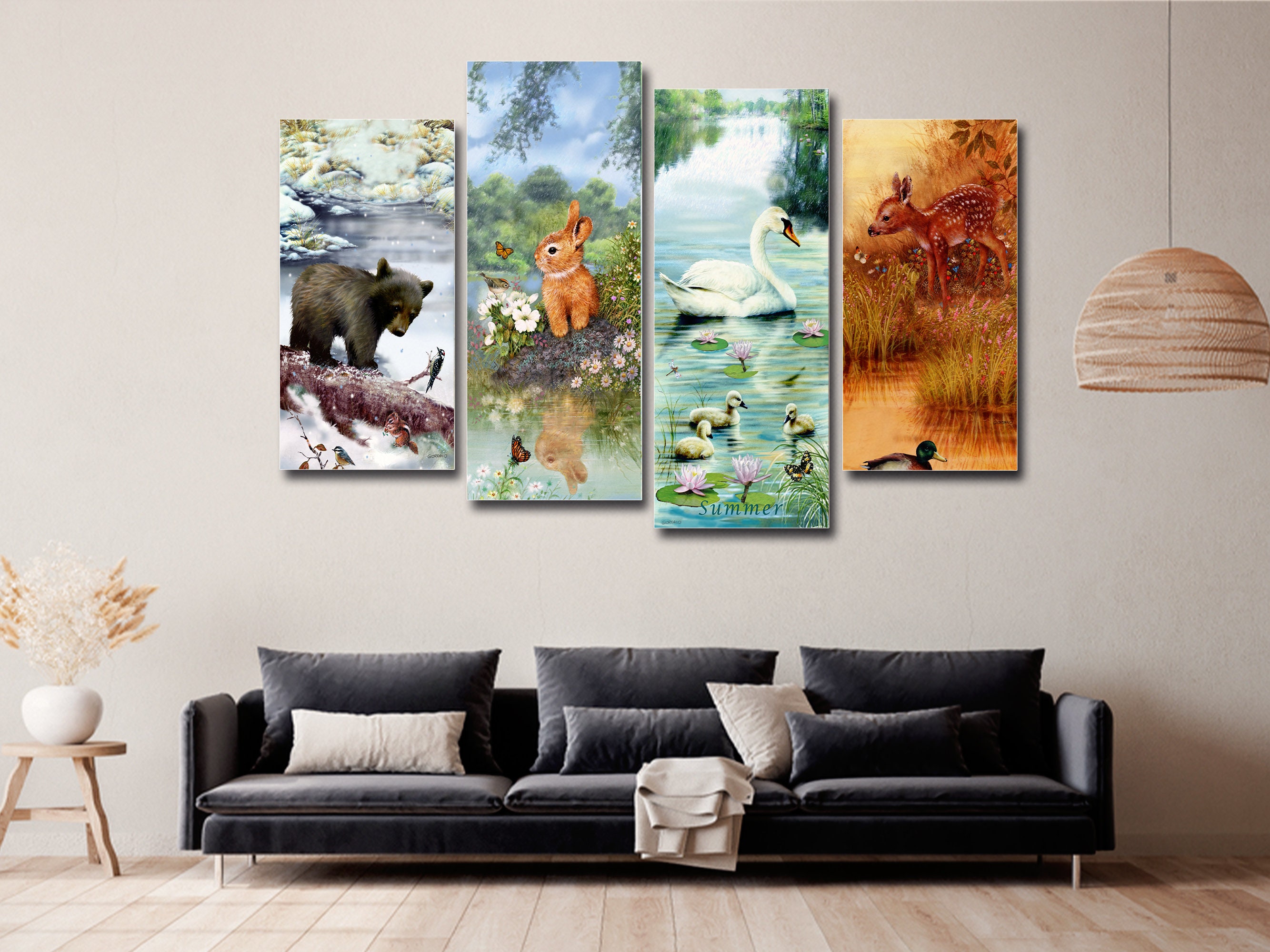 Four Seasons Animals 4 Piece Canvas Wall Art, Large Framed 4 Piece ...