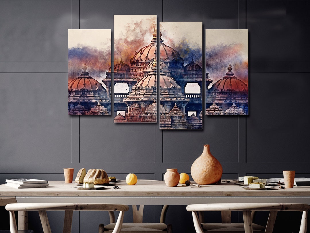 Akshardham Temple 4 Pieces Canvas Wall Art, Large Framed 4 Piece Canvas ...