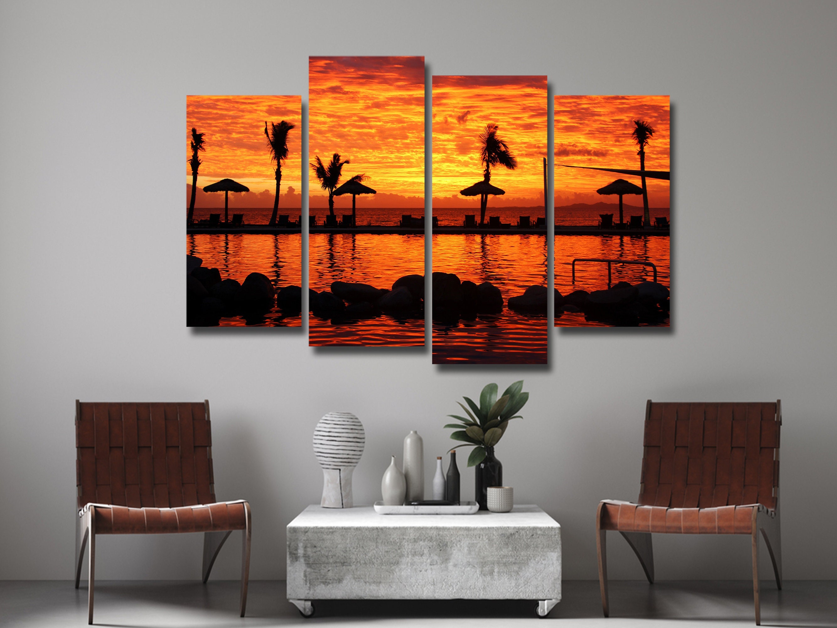 Orange Sunset Maldives Beach 4 Piece Canvas Wall Art, Large Framed 4 ...