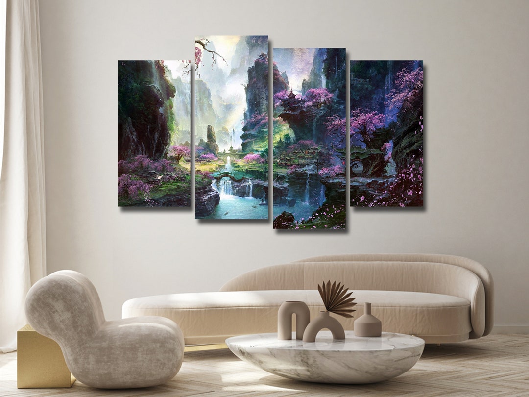 Japanese Fantasy Abstract 4 Piece Canvas Wall Art, Large Framed 4 Piece ...