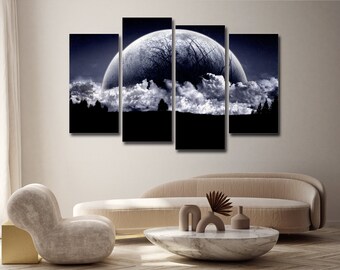 Red Full Moon Leafless Trees 4 Pieces Canvas Wall Art, Large Framed 4 ...