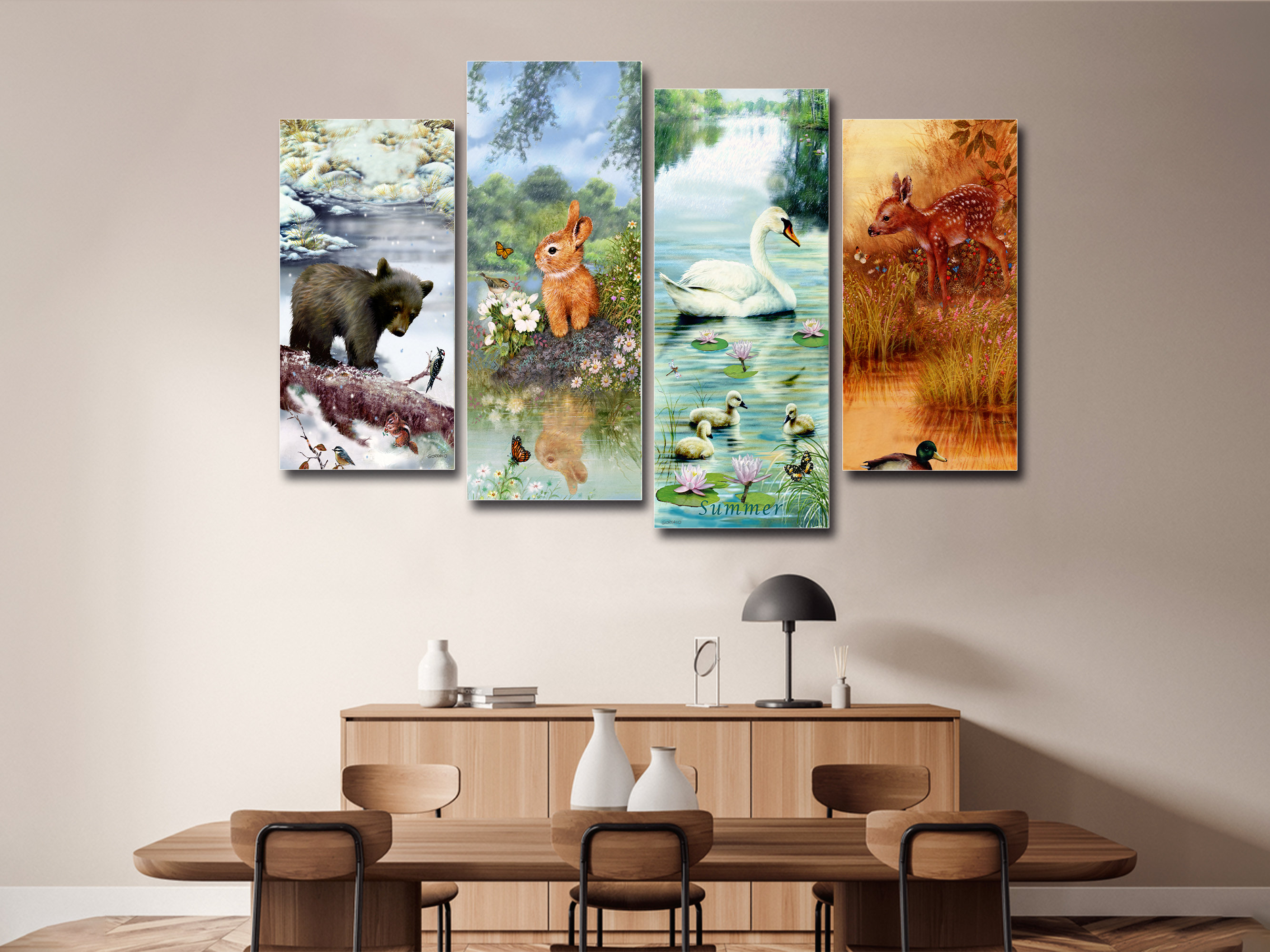 Four Seasons Animals 4 Piece Canvas Wall Art, Large Framed 4 Piece ...