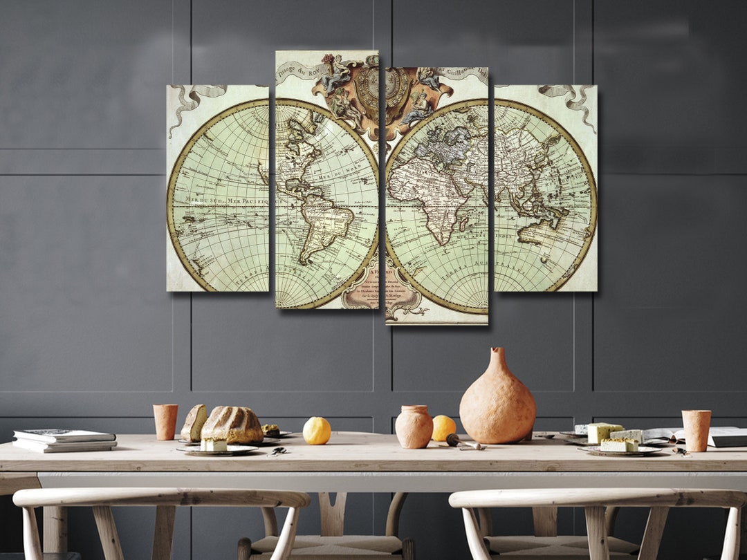 Old World Map Retro Vintage 4 Piece Canvas Wall Art, Large Framed 4 ...