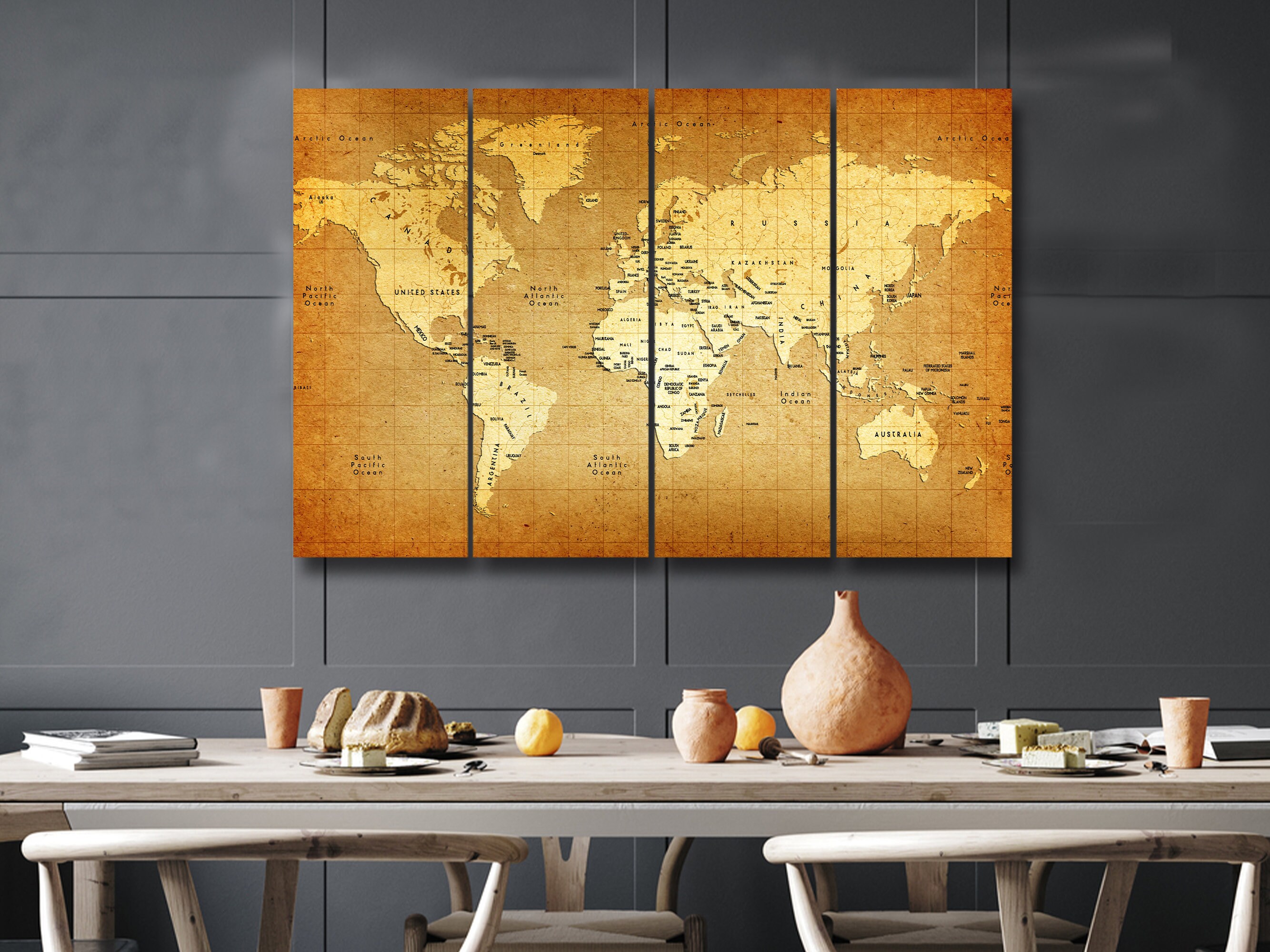 Old World Map, Vintage World Map 4 Pieces Canvas Wall Art, Large Framed ...