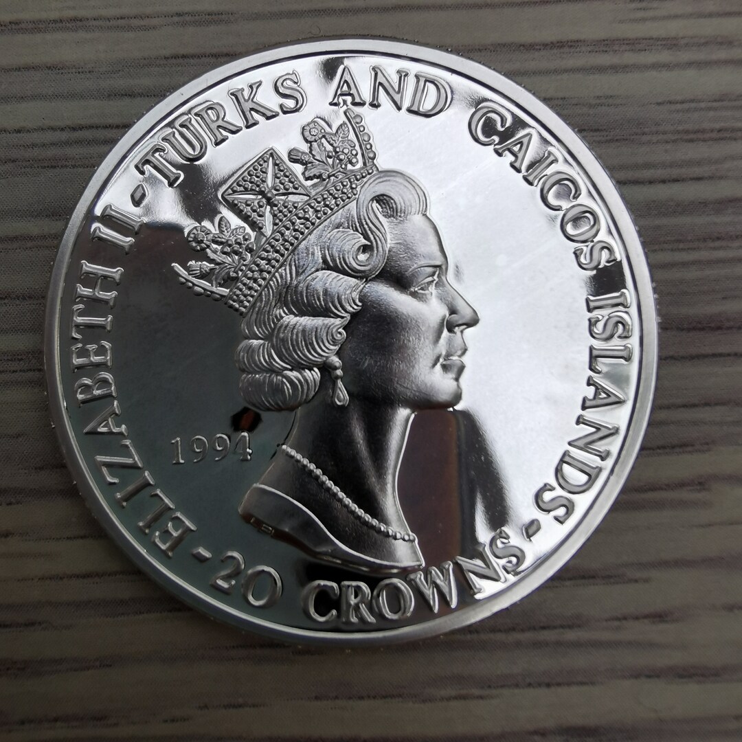 20 Crowns Coin, D Day 50th Anniversary Commemoration. Queen Elizabeth II and Portrait of Dwight ...