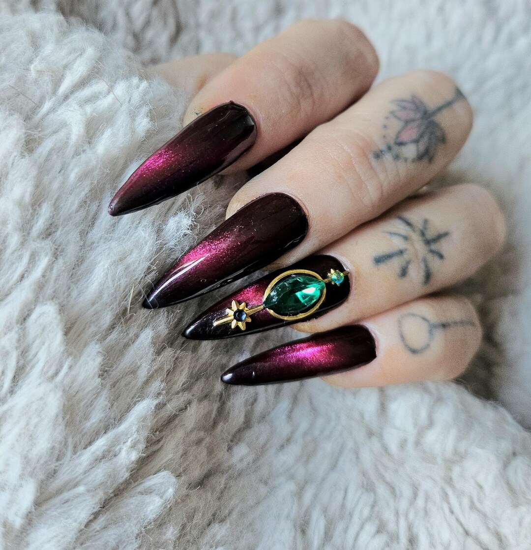 Red Color Shift Stiletto Press on Nails Color Shift Tigers Eye Red Gold ...