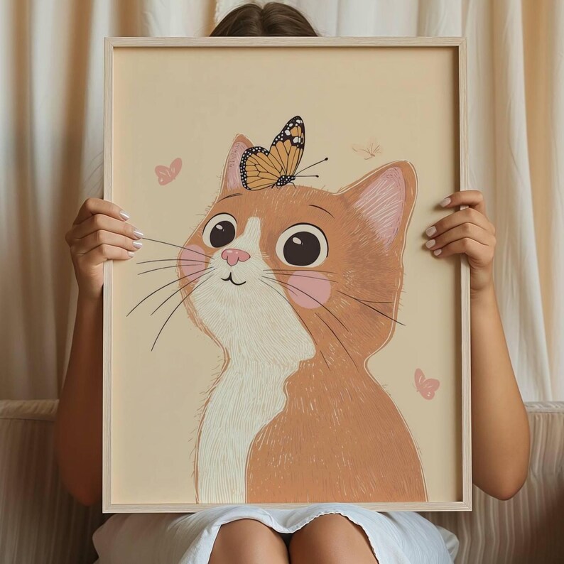 Kawaii Kitten Print, Cat Lover, Butterfly Print, Children's Art Nursery ...