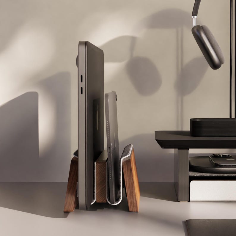Vertical Laptop Stand Dual Slot Premium Walnut Wood Clamshell Stand ...