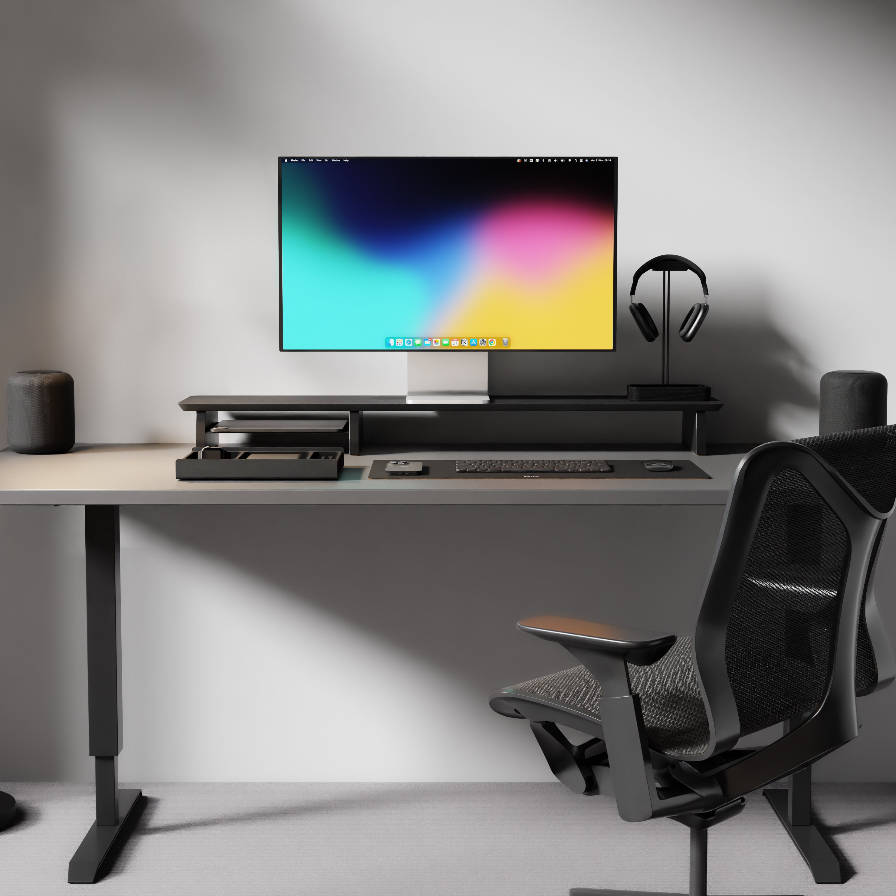 Desk Shelf System Dual Monitor Riser Stand Premium 15-ply Black Wood ...