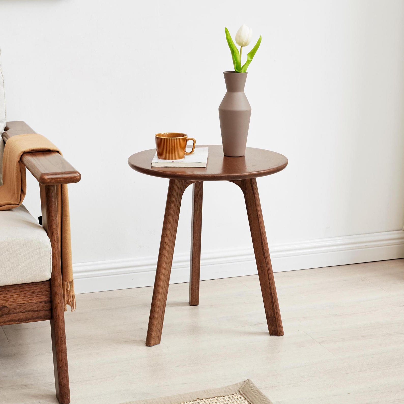 Walnut Side Table: Round Scandinavian End Table, Solid Wood - Etsy