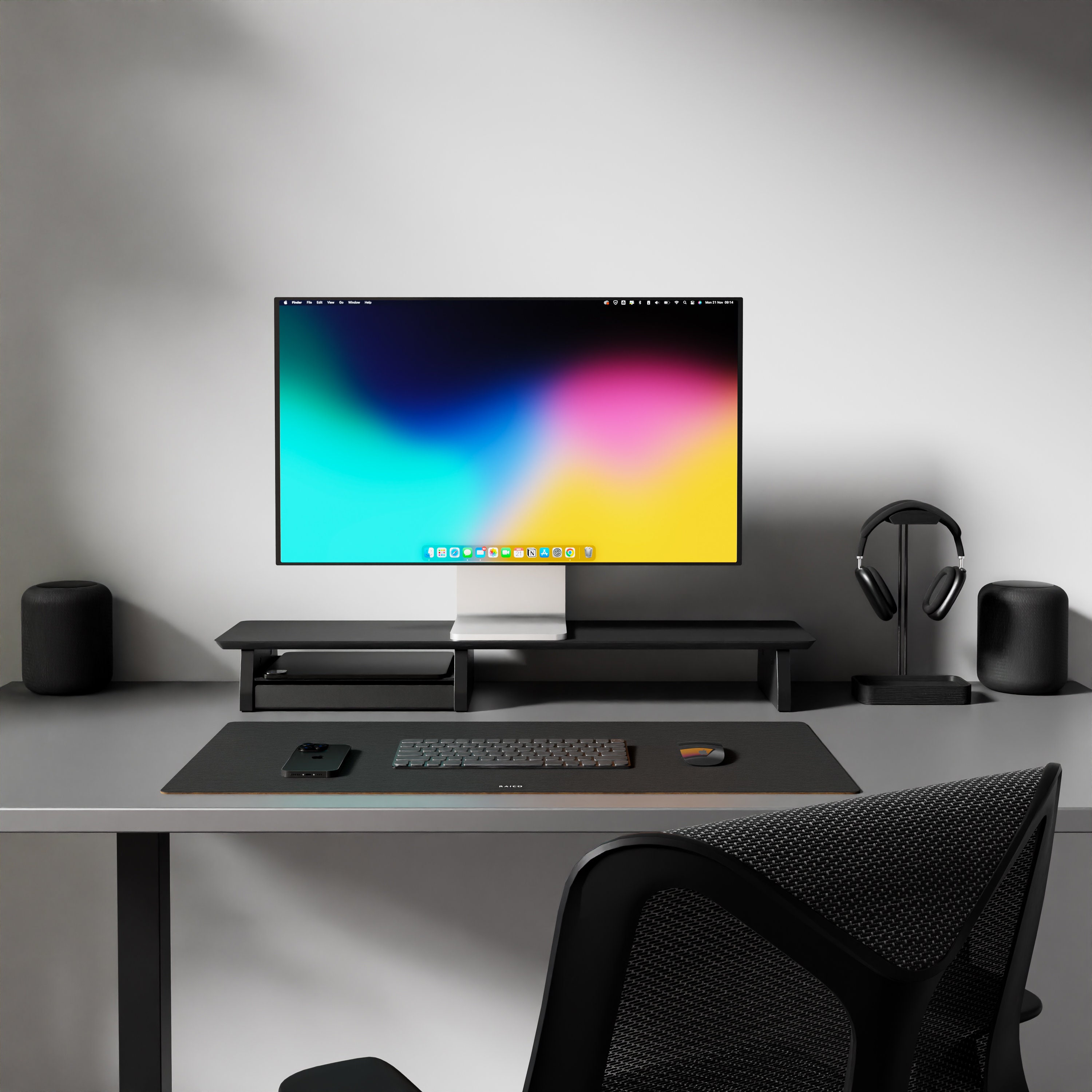 Desk Shelf System Dual Monitor Riser Stand Premium 15-ply Black Wood ...