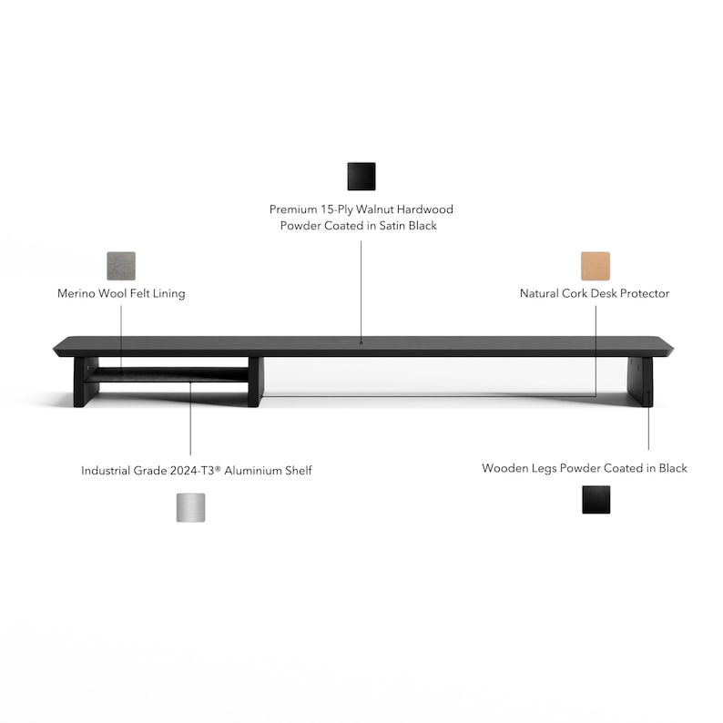 Desk Shelf System Dual Monitor Riser Stand Premium 15-ply Black Wood ...