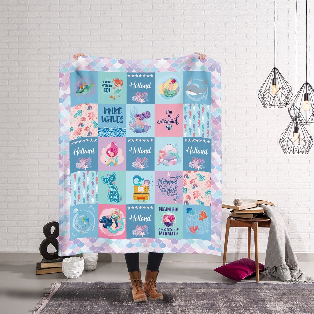 Personalized Mermaid Check Plaid Blanket, Mermaid + Ocean, Custom Baby ...