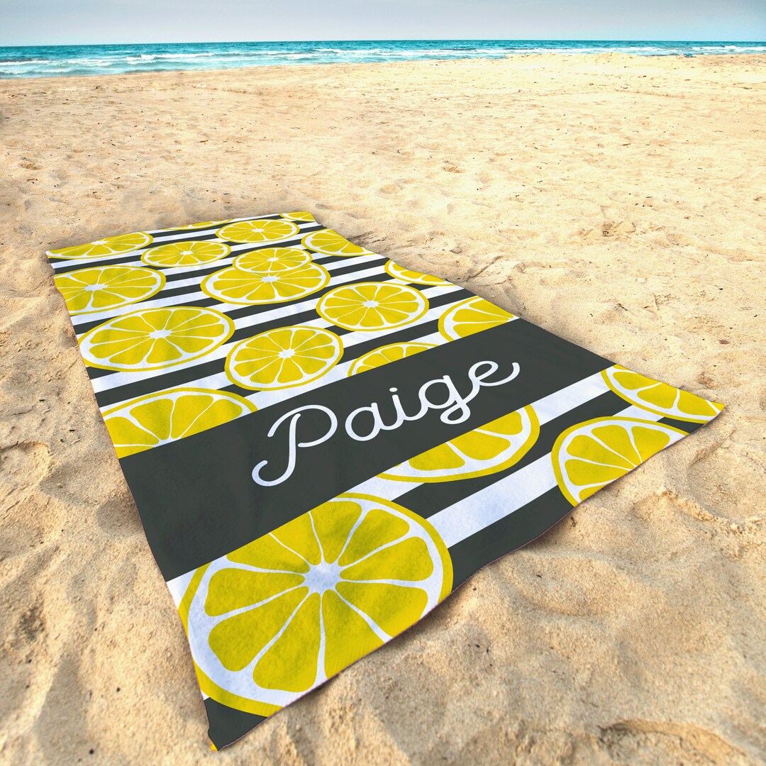 Personalized Lemon + Name + Stripes Beach Towel, Custom Towel Perfect ...