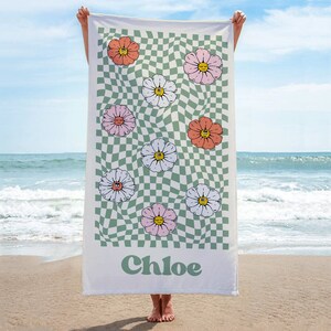 Personalized Checker Flowered Hippie Name Towel, Boho Custom Pool Towel ...