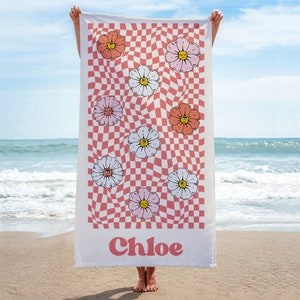 Personalized Checker Flowered Hippie Name Towel, Boho Custom Pool Towel ...