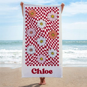 Personalized Checker Flowered Hippie Name Towel, Boho Custom Pool Towel ...