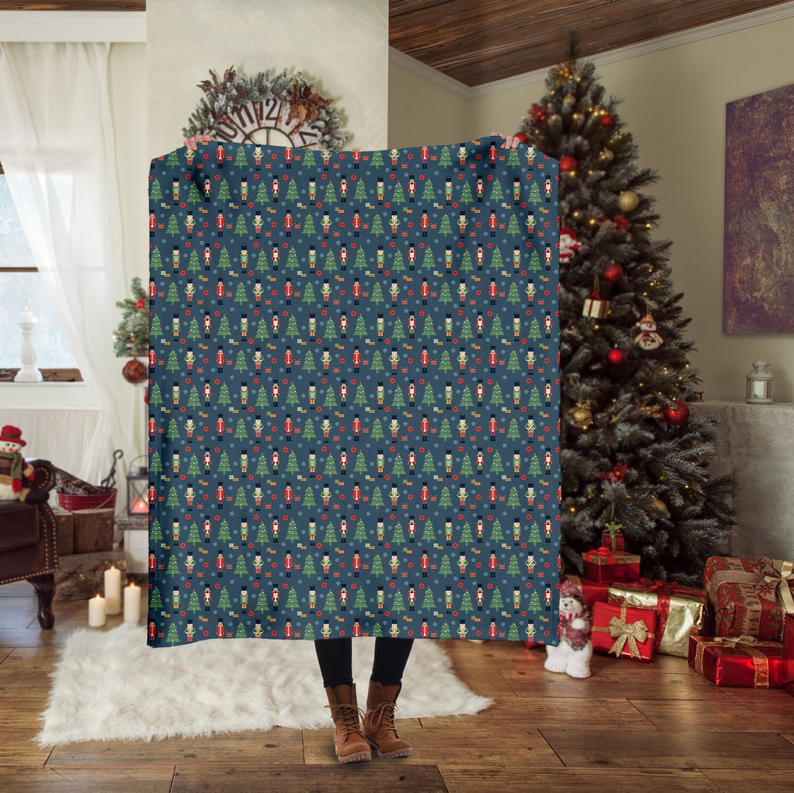 Holiday Season Nutcracker Patterned Blanket Throw. Christmas Tree and ...