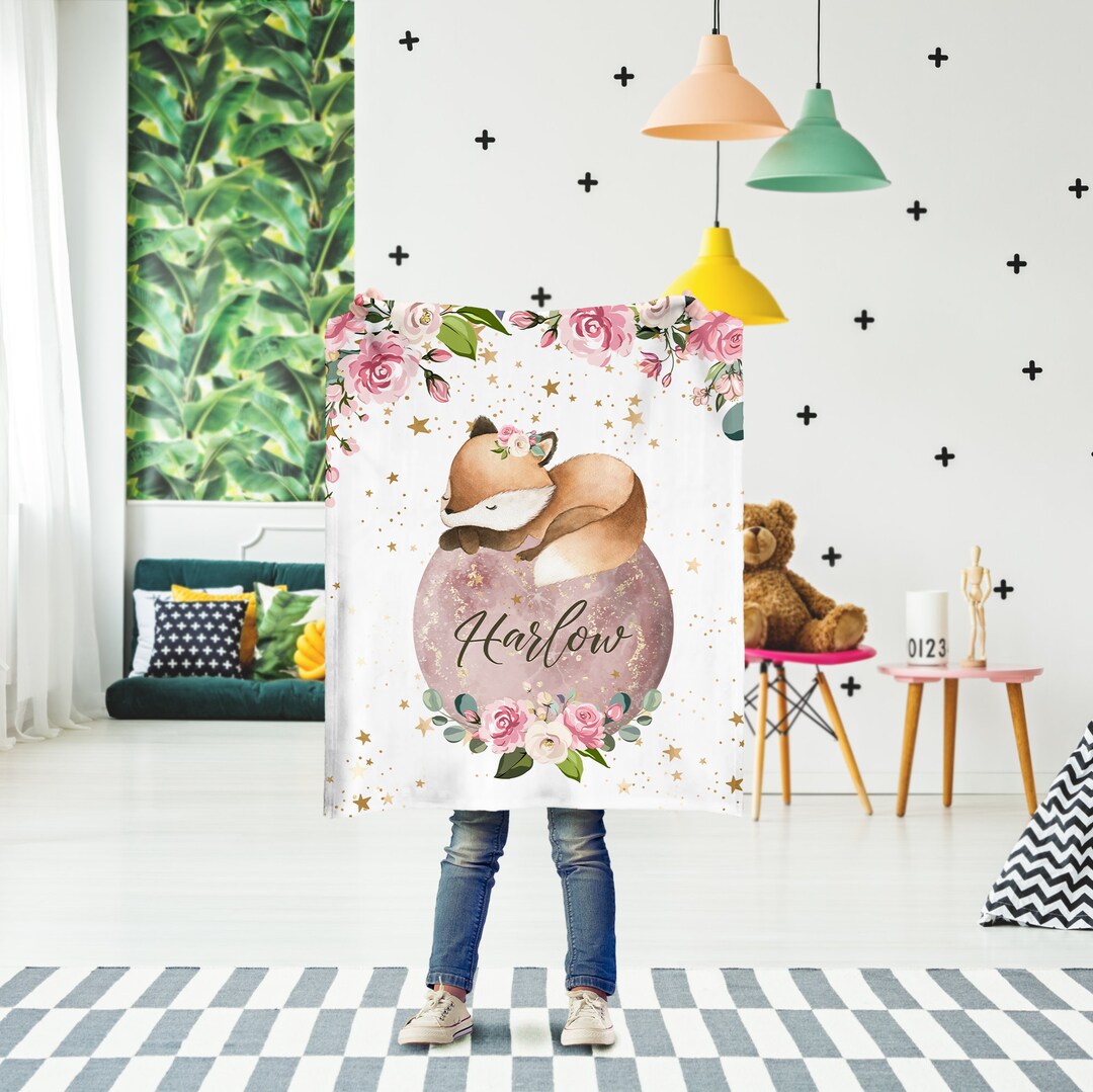 Baby Girl Fox Sleeping on the Moon Nursery - Pink Rose Gold Moon Night ...