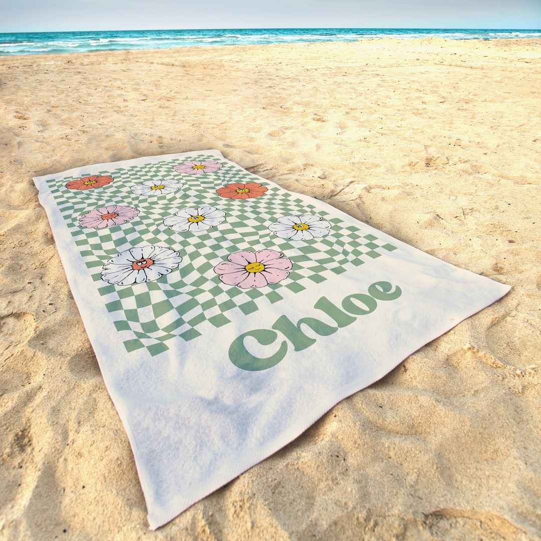 Personalized Checker Flowered Hippie Name Towel, Boho Custom Pool Towel ...