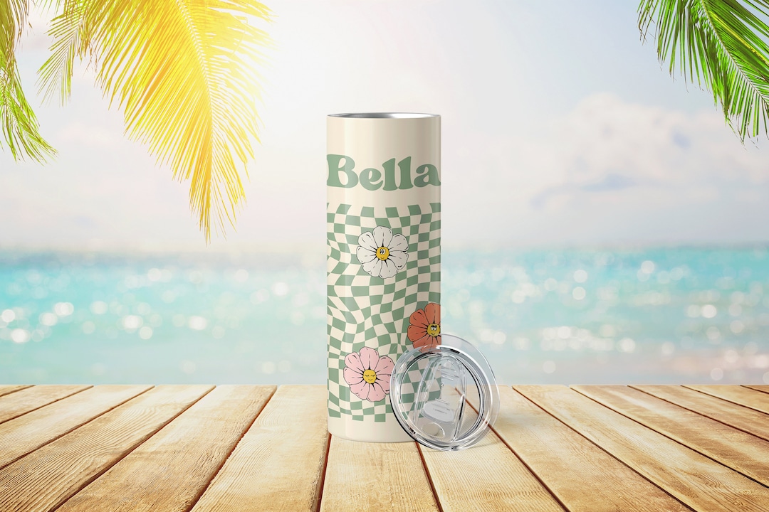Retro Hippie Checker and Flower Personalized 20oz Skinny Tumbler With ...