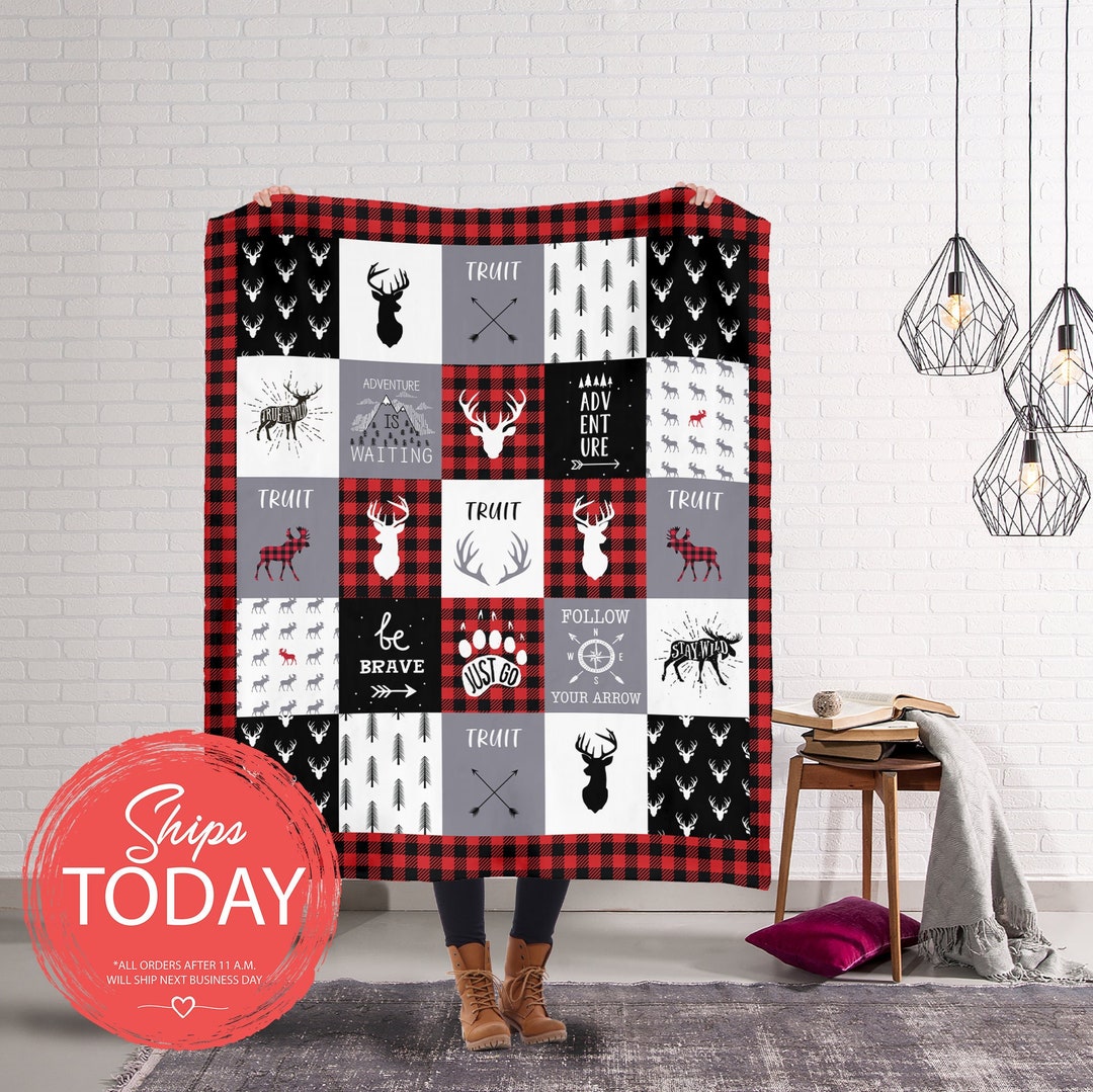 Personalized Red + Black Buffalo Check Plaid Blanket - Antler Adventure ...