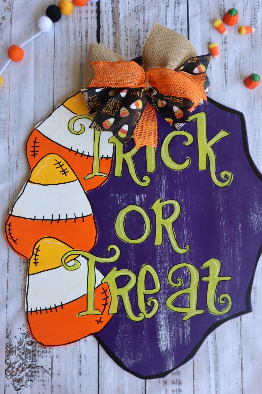 Trick or Treat Door Hanger, Fall Door Hanger, Candy Corn Sign ...