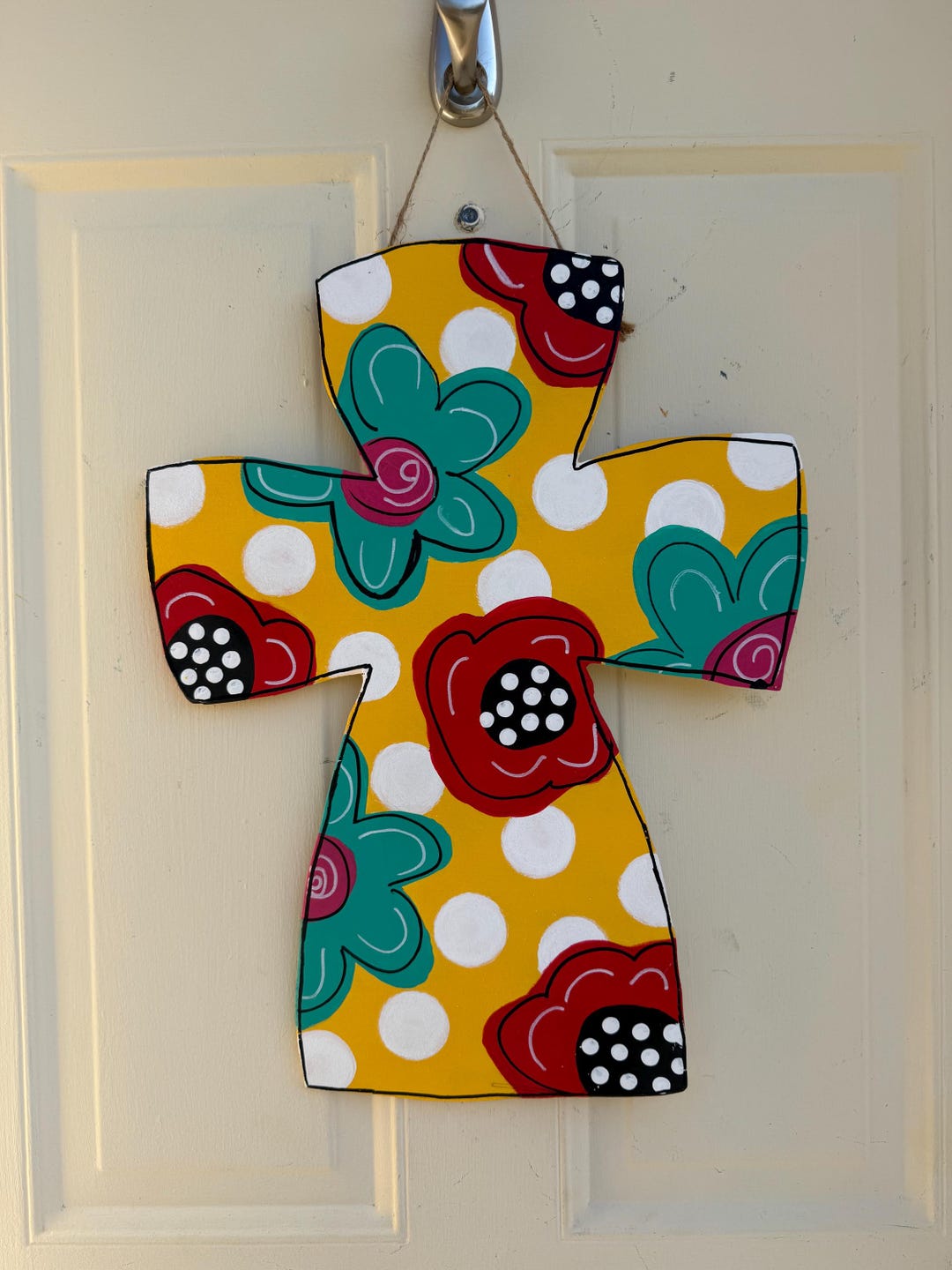 Floral Cross Door Hanger: Hand Painted Polka Dot Poppy Decor - Etsy
