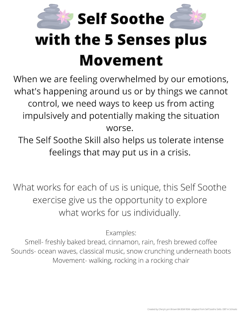 DBT Distress Tolerance- Self Soothe- Home Practice PDF - Etsy
