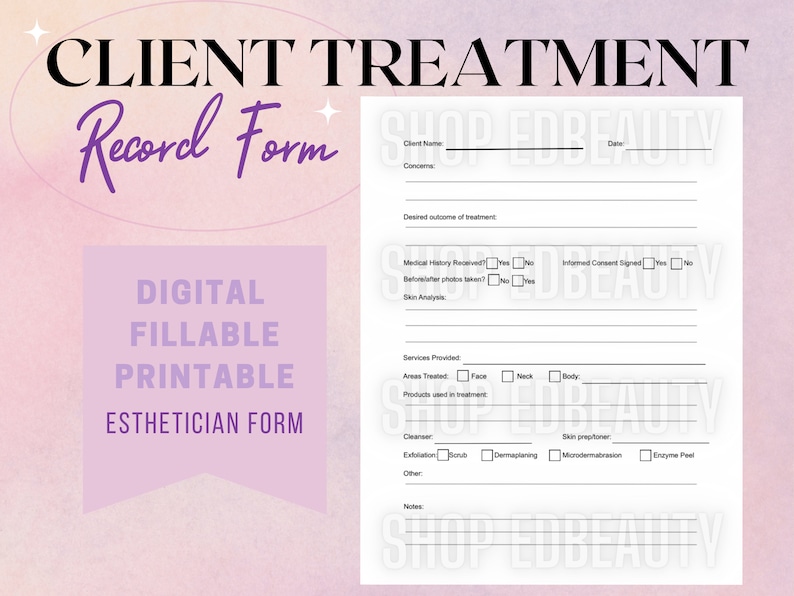 Skin Care Treatment Form Esthetician Client History Form Chemical Peel ...