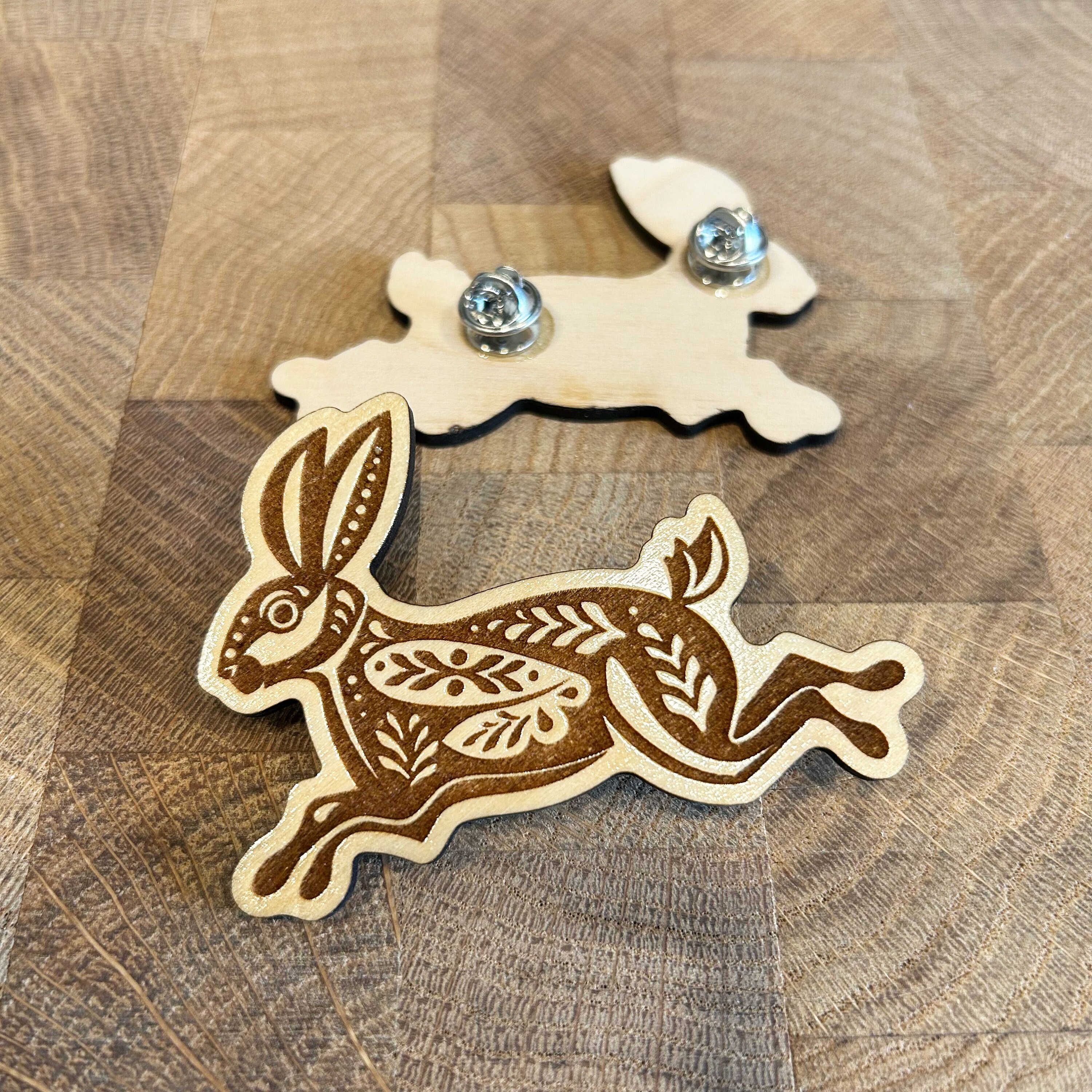 Folk Rabbit Engraved Wooden Lapel Pin, Eco Friendly Laser Engraved Pin ...