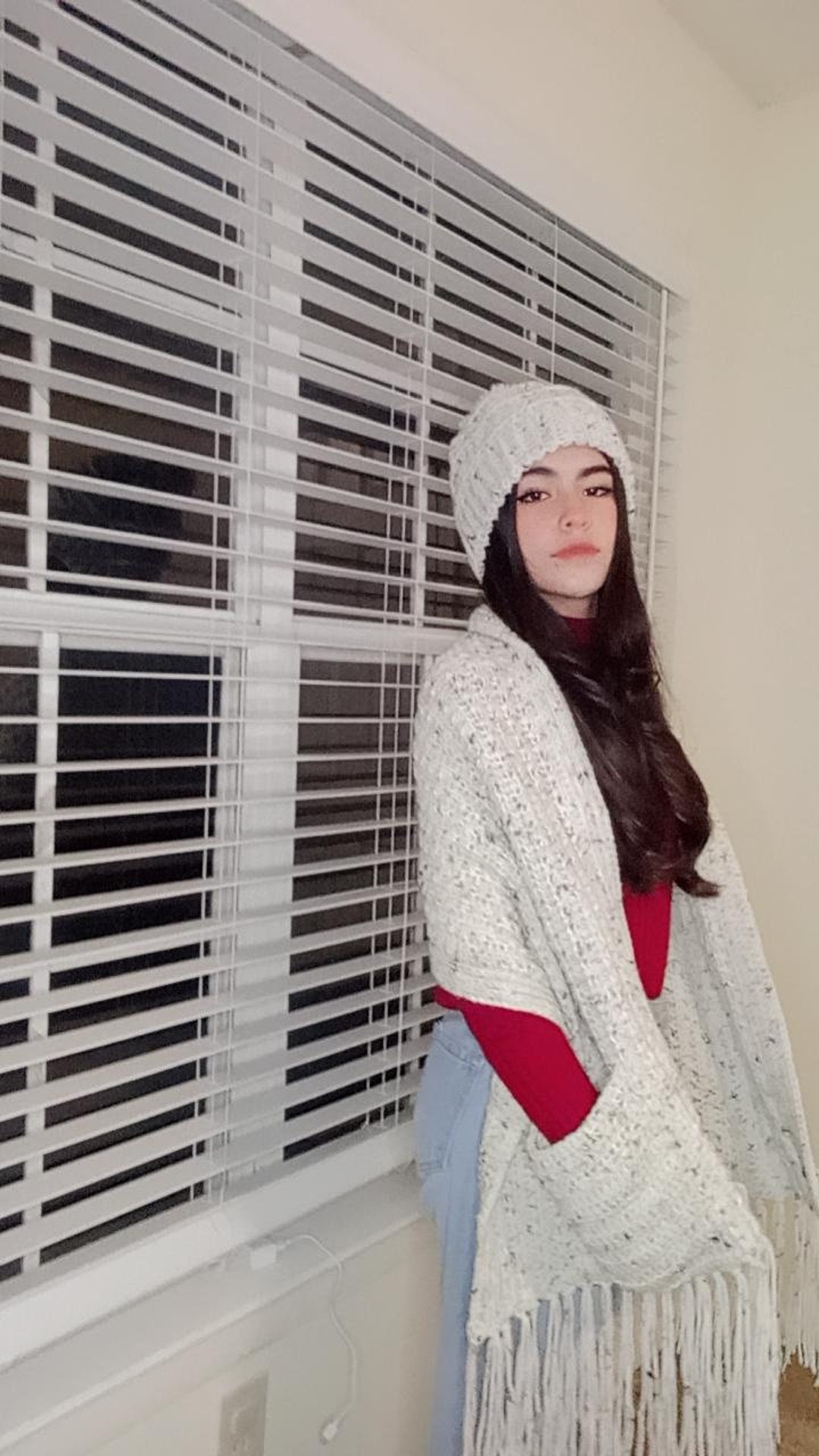 Scarf With Pockets and Fringe, Crocheted Shoulder Wrap, Handmade and ...