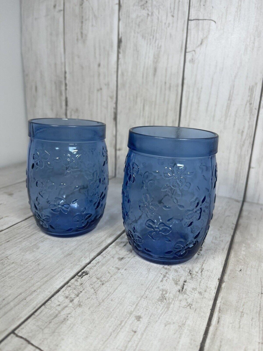 Set of 2 Cobalt Blue Glass Juice Cups/glasses Floral Print - Etsy