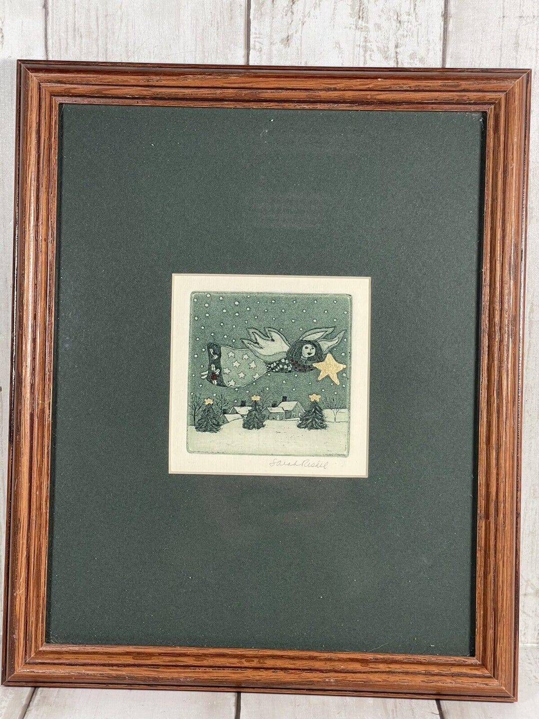 Sarah Rishel Etching Print Framed and Signed Angel Christmas Wintertime ...