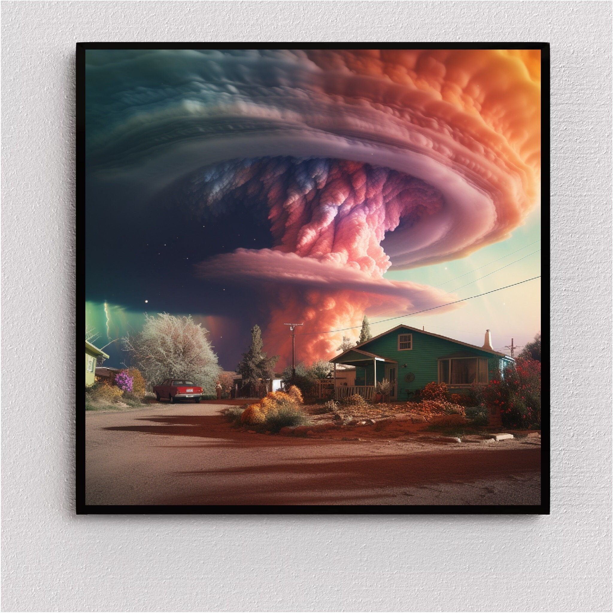 Vibrant Rainbow Tornado Art Print: 1960s Desert Suburbia Fantasy - Etsy