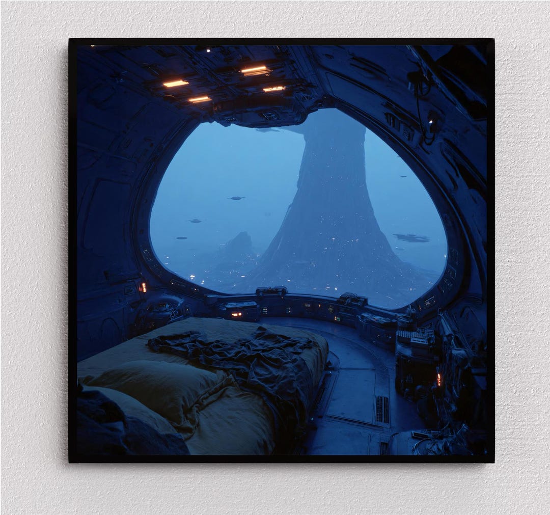 Blue Alien Spaceship Bedroom Art Print – Surreal Sci-fi Interior on ...