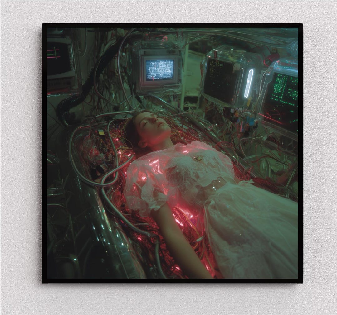 Dystopian Recharge – Futuristic Sci-fi Woman Sleeping in Wired Bed ...