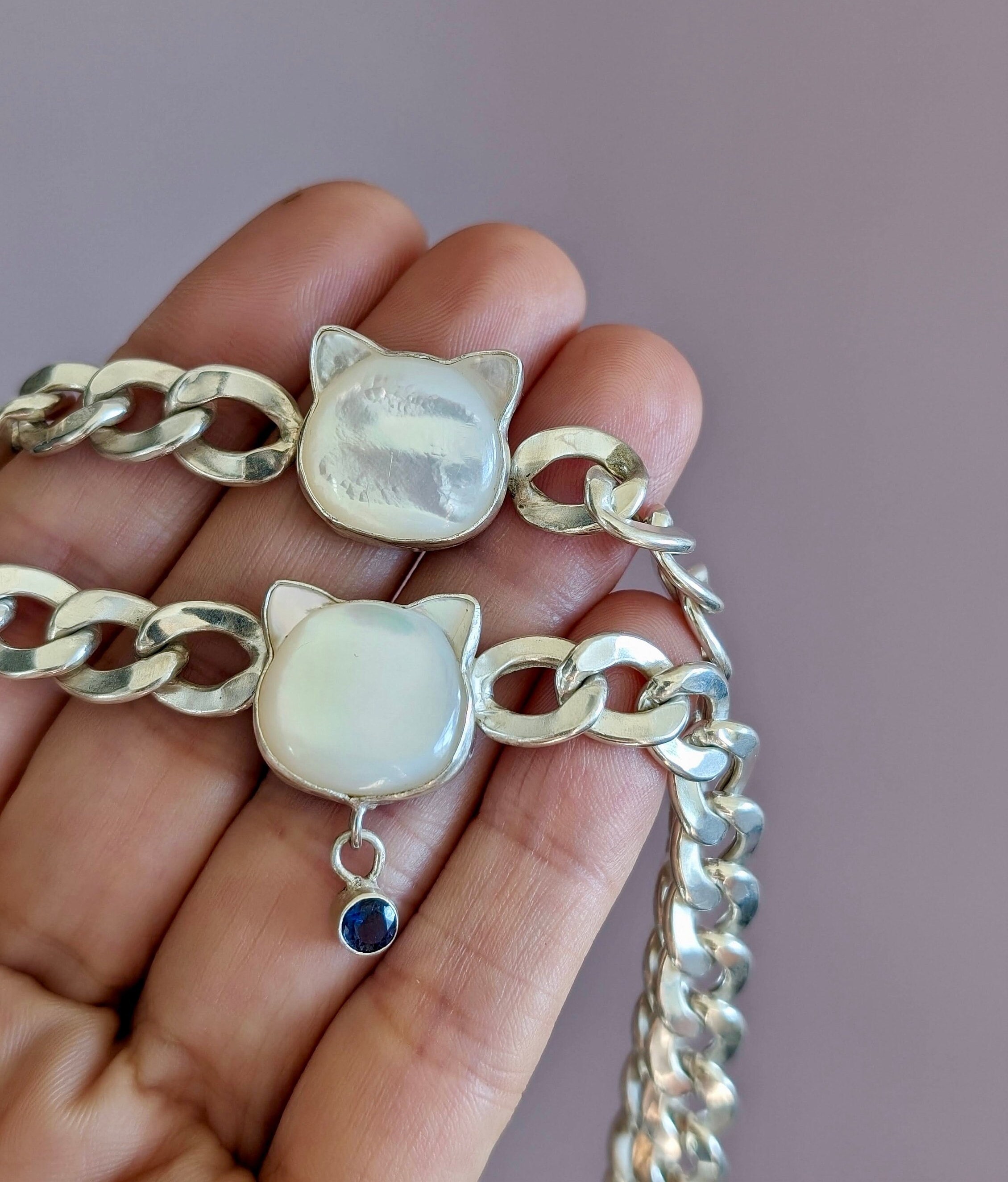 Kitty Cat Chunky Curb Chain Necklace / Choker With Sterling Silver Curb ...