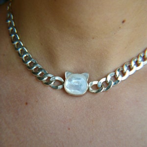 Kitty Cat Chunky Curb Chain Necklace / Choker With Sterling Silver Curb ...