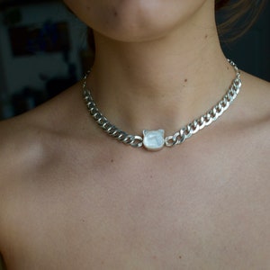 Kitty Cat Chunky Curb Chain Necklace / Choker With Sterling Silver Curb ...