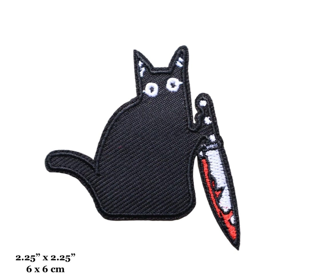 Black Cat With Bloody Knife Funny Killer Cat Meme Embroidered Iron on ...